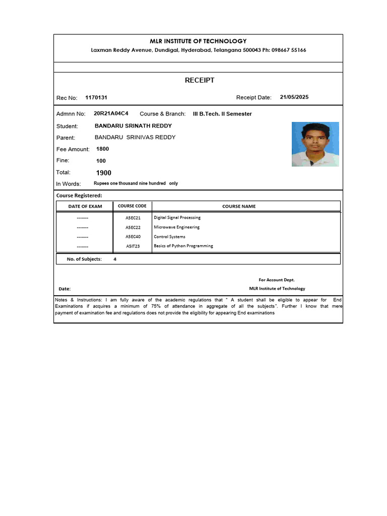 MLR Institute B.Tech Fee Receipt | PDF