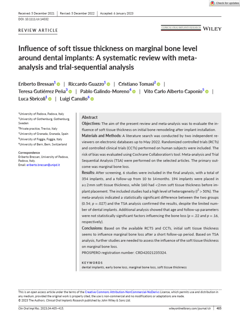 Clinical Oral Implants Res - 2023 - Bressan - Influence of Soft Tissue Thickness On Marginal ...