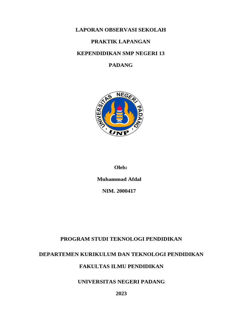 Laporan Observasi SMP N 13 Padang Muhammad Afdal (20004017) | PDF