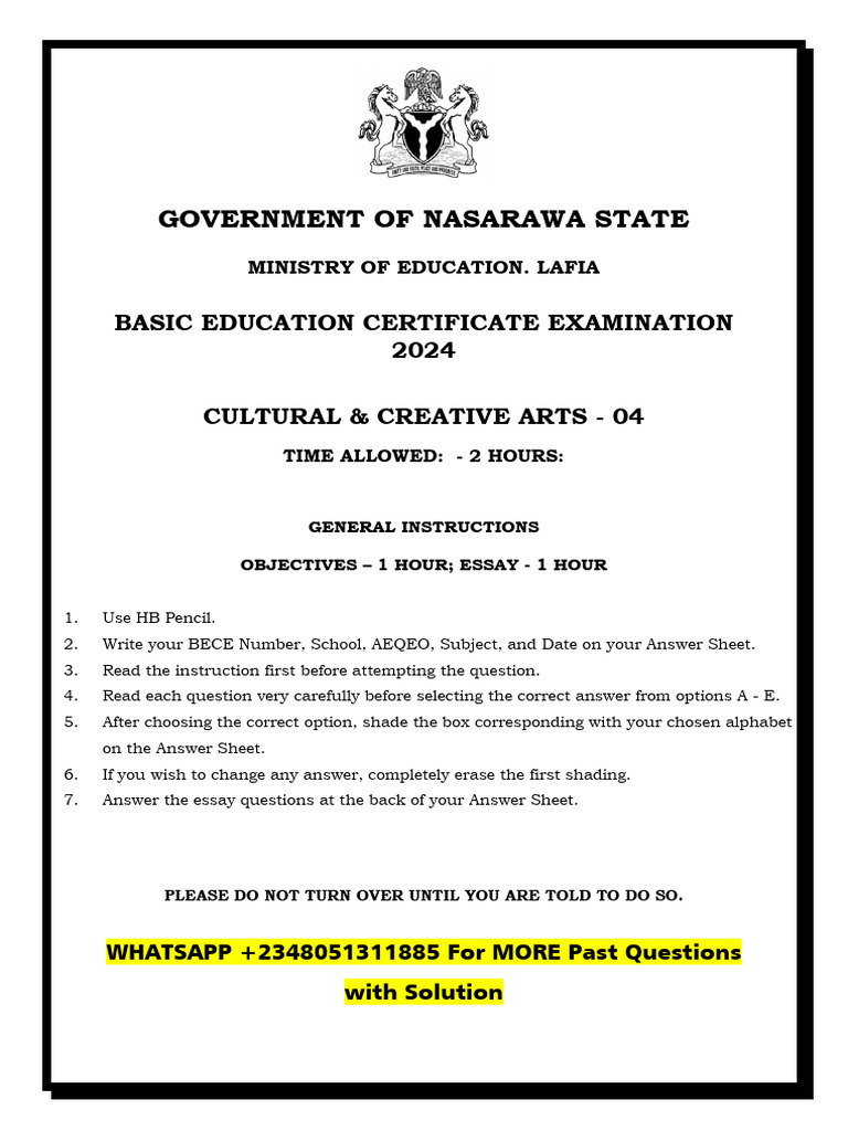 Nasarawa State ERC BECE Past Questions and Answers JSS3 | PDF | Drawing ...