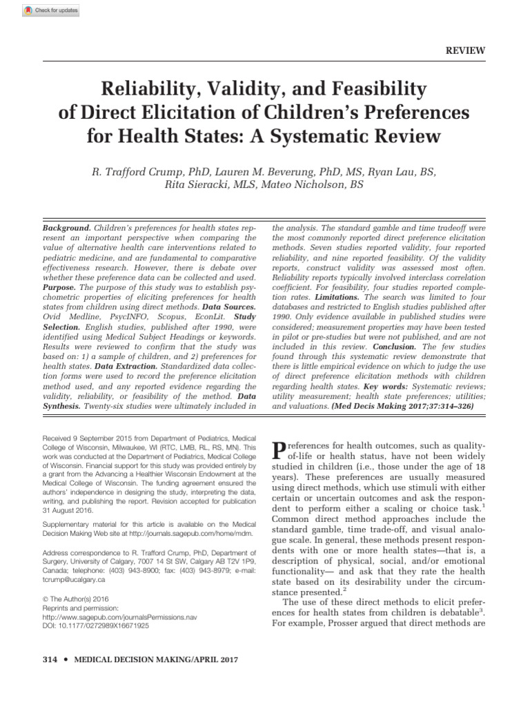 Crump Et Al 2016 Reliability Validity and Feasibility of Direct Elicitation of Children S ...