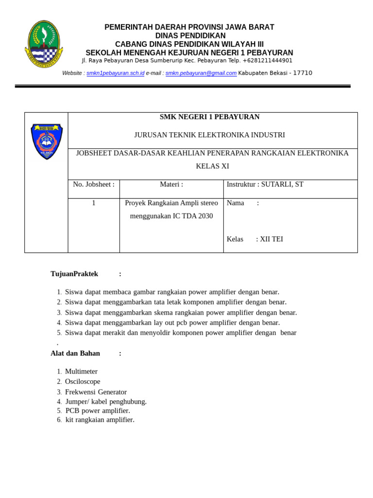 Jobsheet Rangkaian Amplifier TDA2030 | PDF