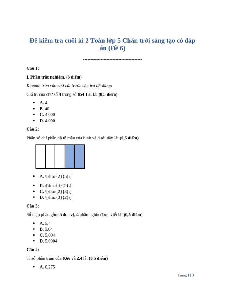 De Kiem Tra Cuoi Ki 2 Toan Lop 5 Chan Troi Sang Tao Co Dap An de 6 2025 ...