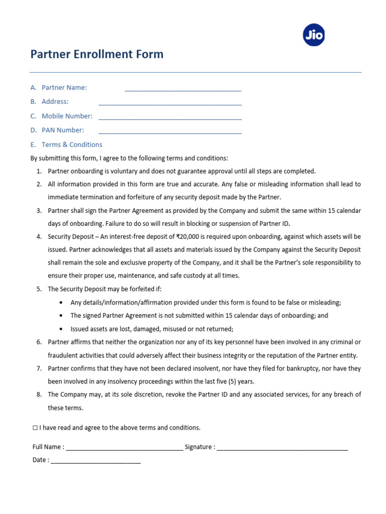 Jio Partner Enrollment Form | PDF
