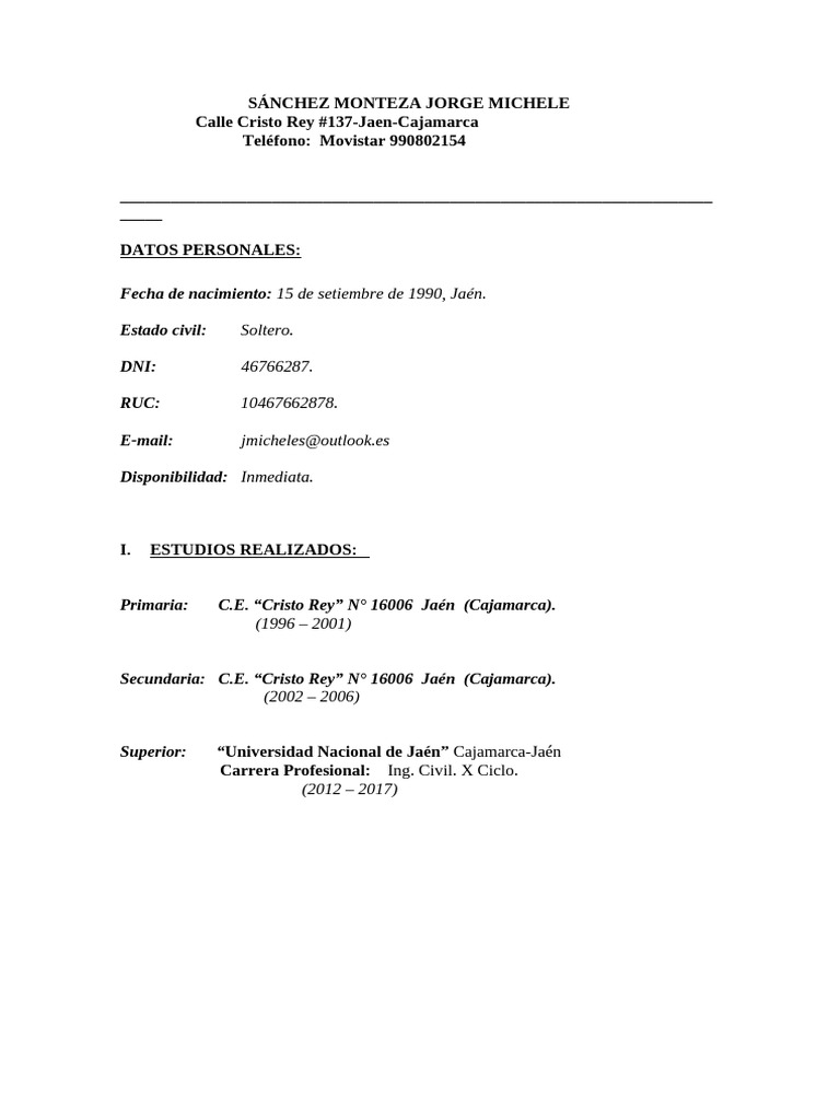 CV de Jorge Michele Sánchez Monteza | PDF