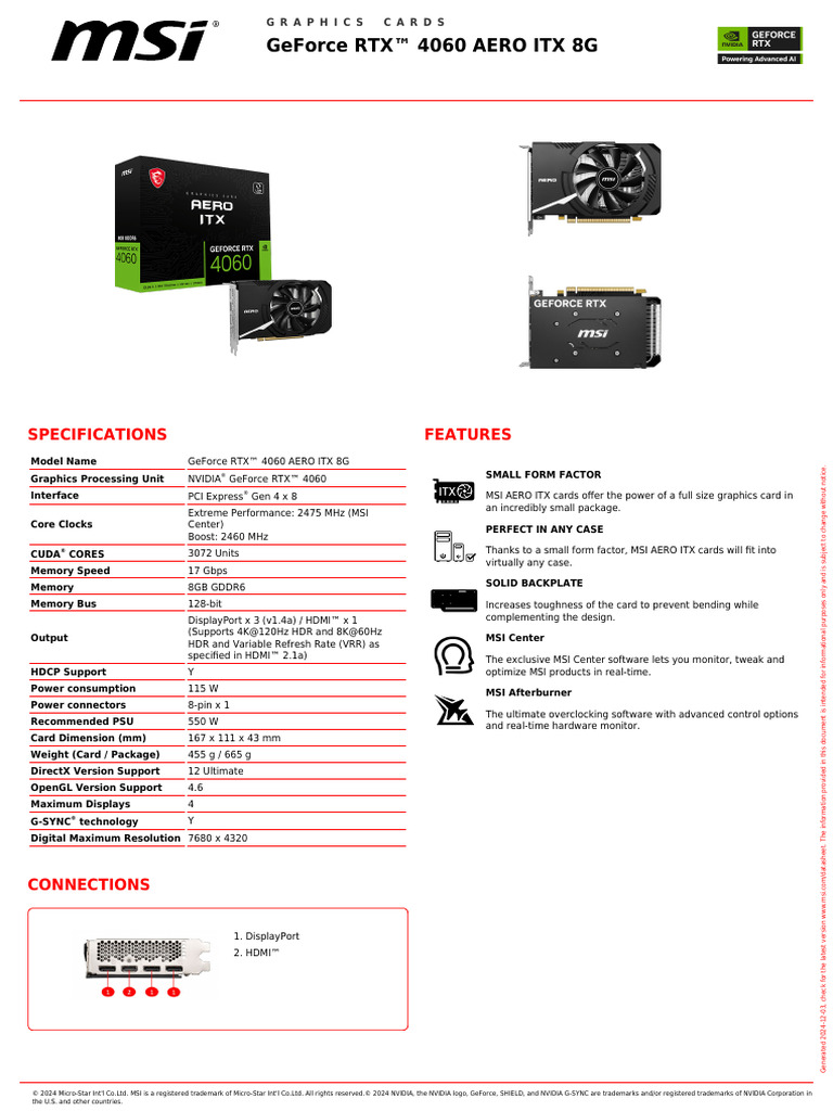 GeForce RTX 4060 AERO ITX 8G | PDF | Hdmi | Computer Hardware