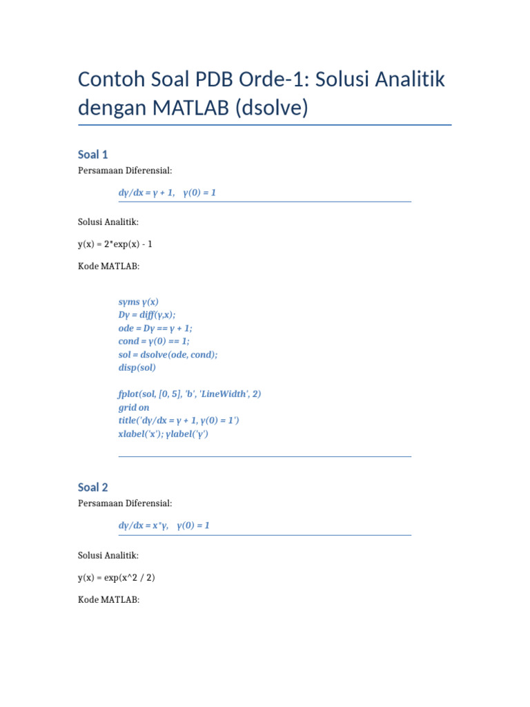 Soal PDB Analitik Dsolve MATLAB | PDF