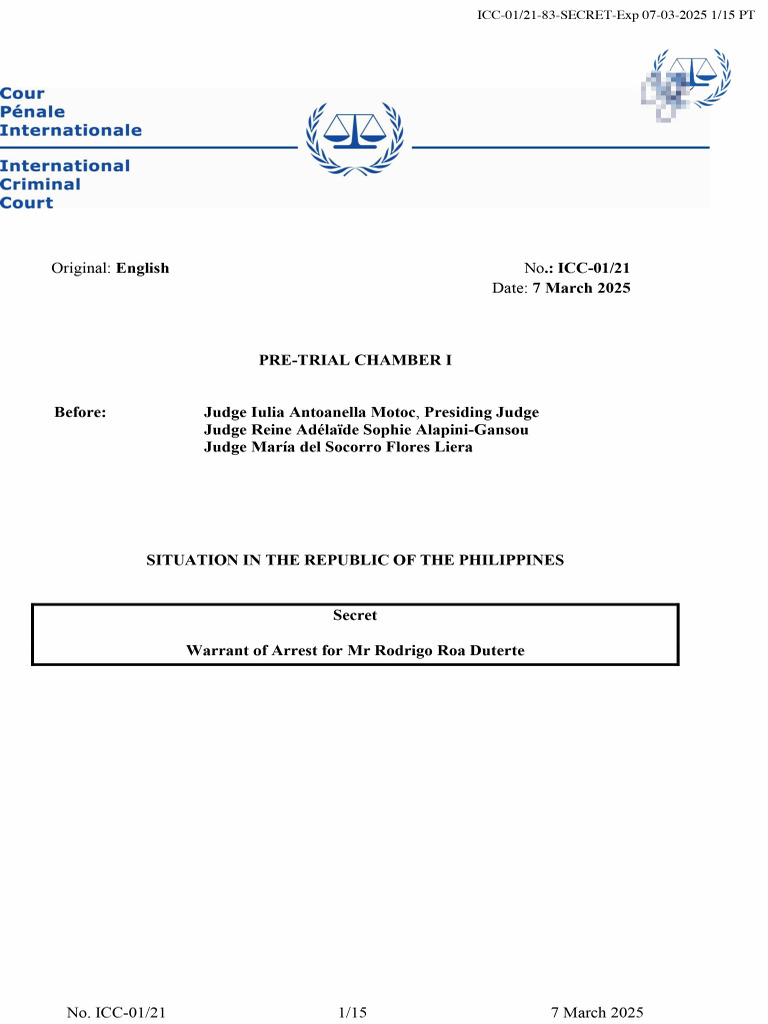 Arrest Warrant of Rodrigo Roa Duterte by The International Criminal ...