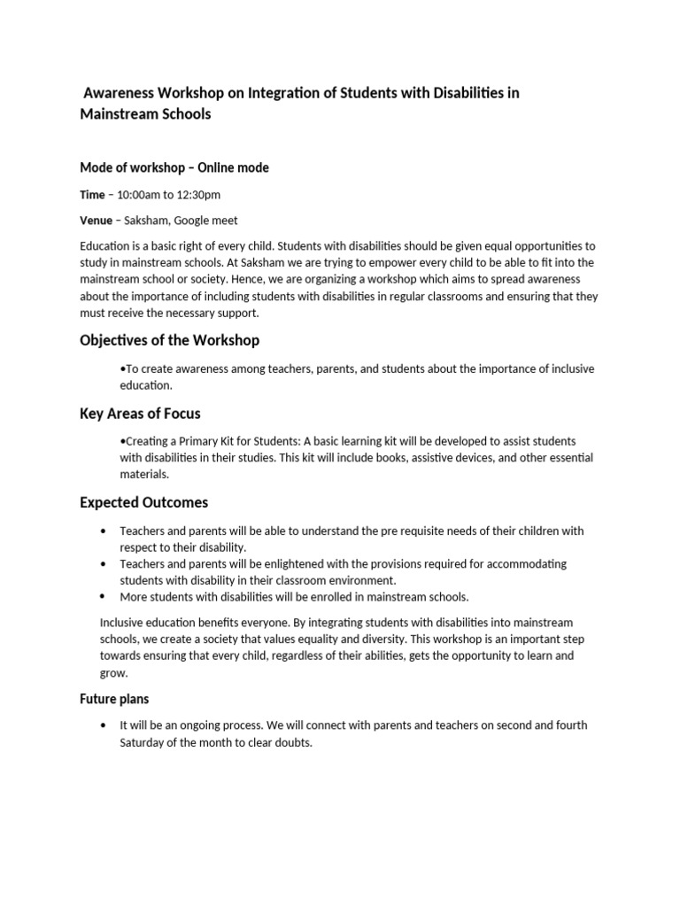 Awareness Workshop On Integration of Students With Disabilities in ...