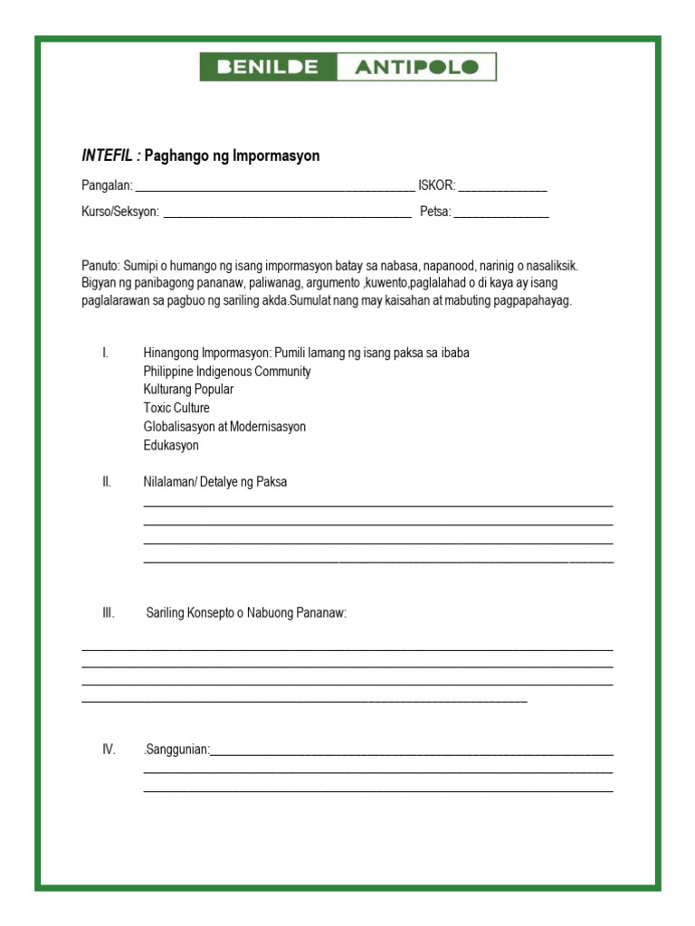 INTEFIL Activity - Paghango NG Impormasyon | PDF