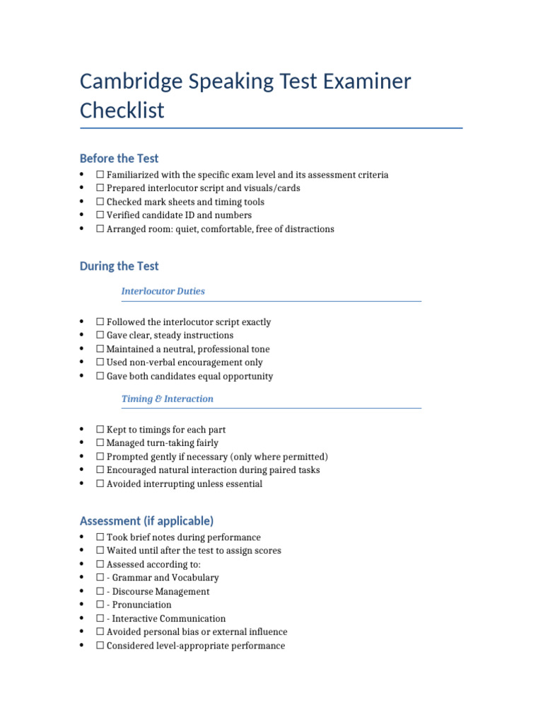 Cambridge Speaking Examiner Checklist | PDF