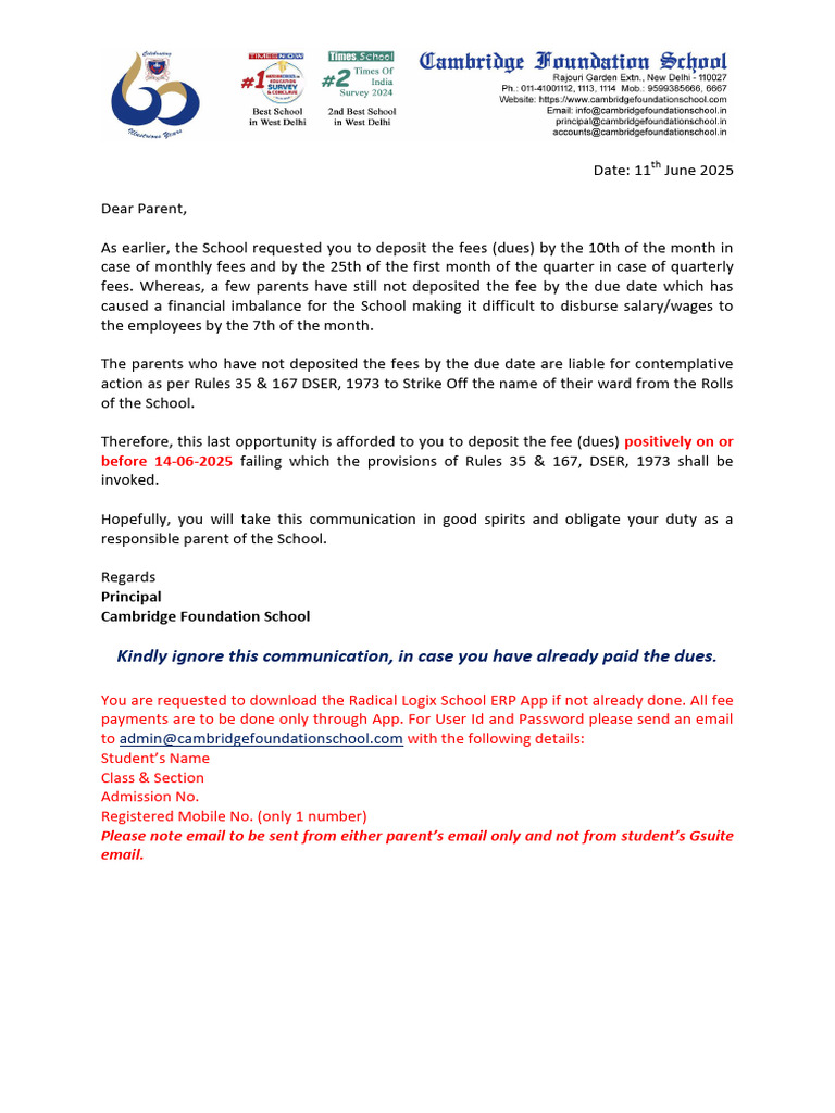 Fee Circular For Parents 11-06-2025 | PDF