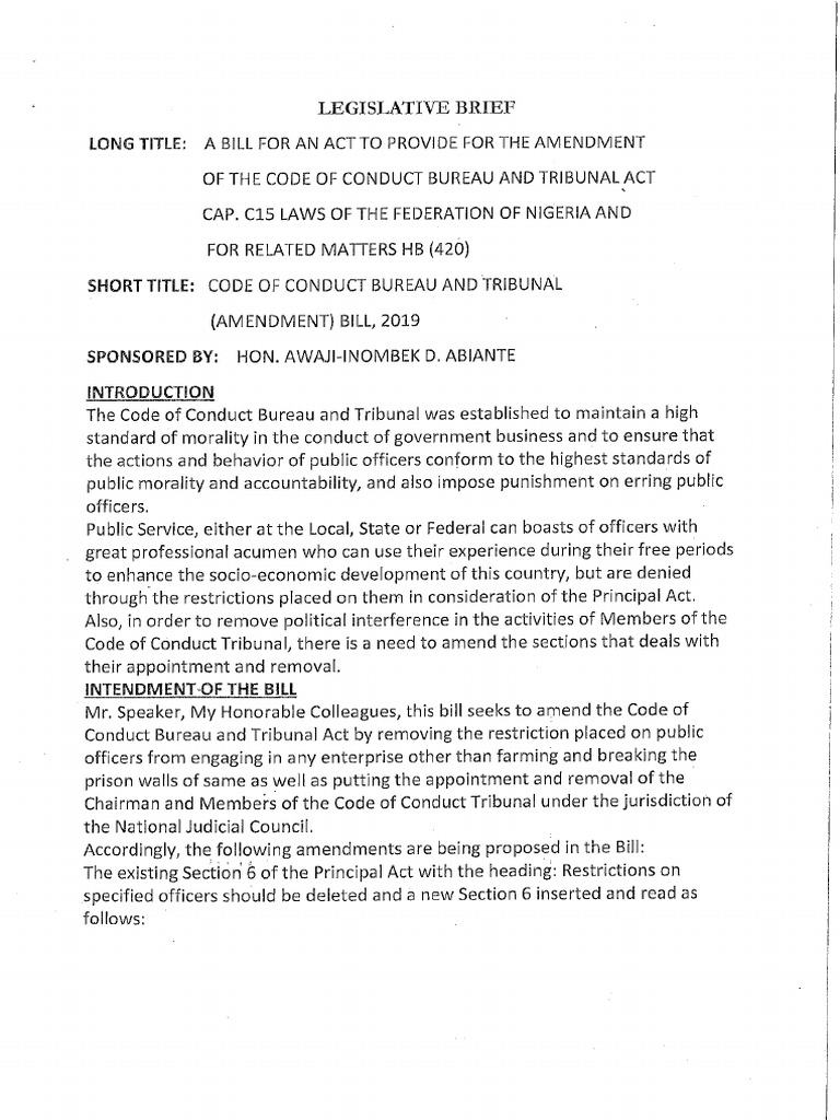 Lead Debate On Code of Conduct Bureau and Tribunal Amendment Bill 2019 ...