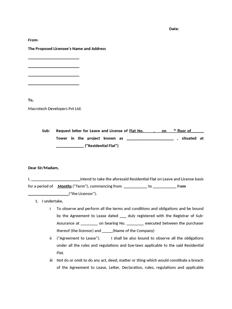 Tenant (Licensee) Request Letter | PDF | License | Lease