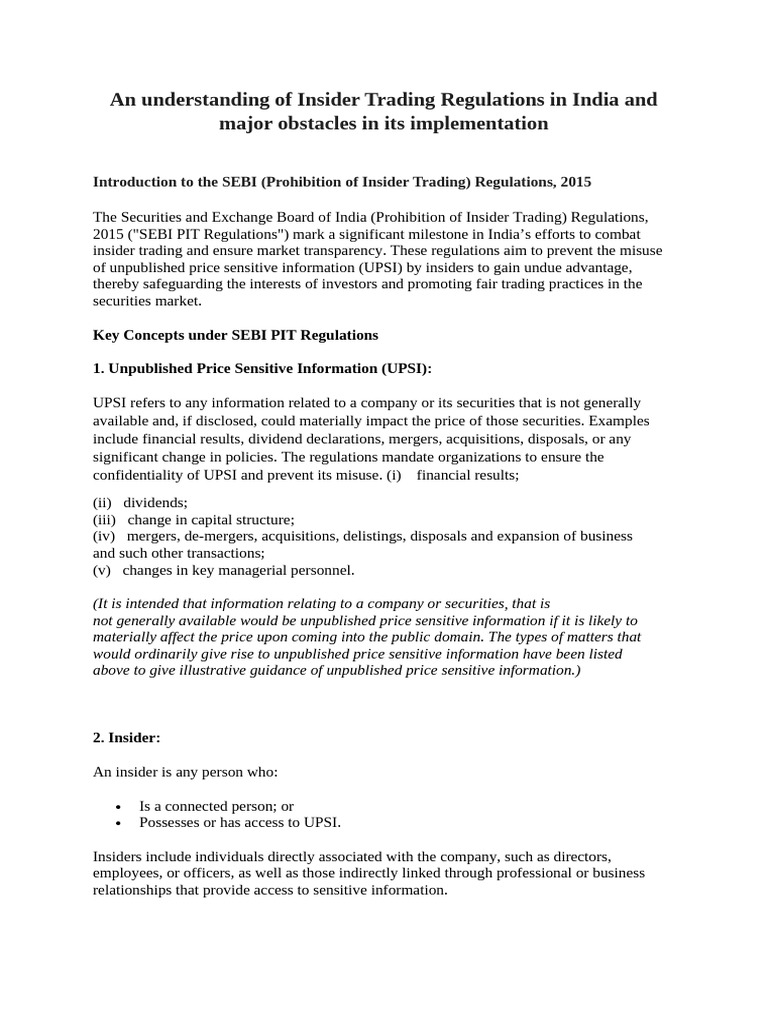 An Understanding of Insider Trading Regulations in India and Major Obstacles in Its ...