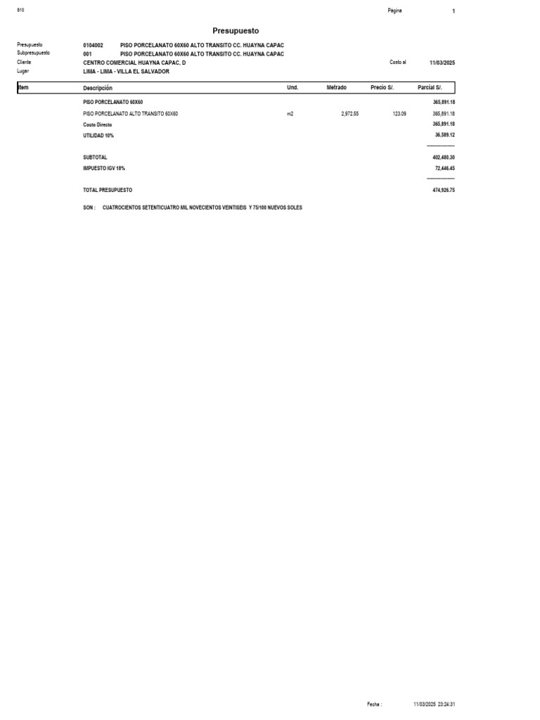Presupuesto Piso Porcelanato CC Huayna Capc | PDF
