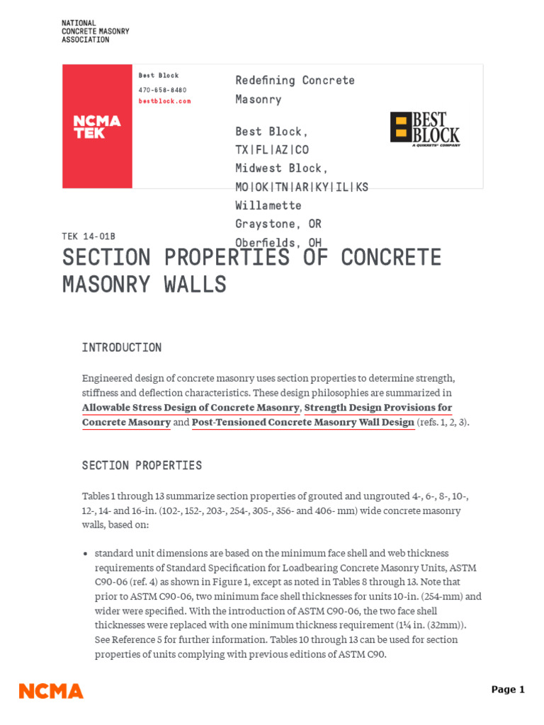TEK 14-01B - Section Properties of CMU Walls | PDF | Masonry | Rotation