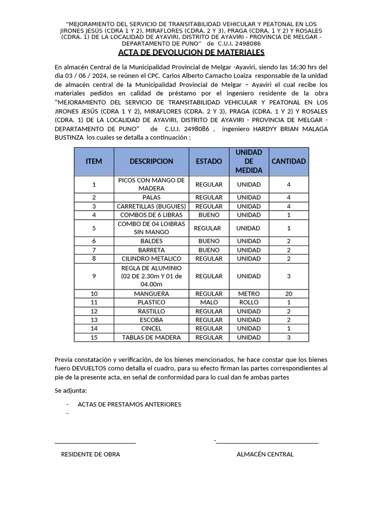 Acta de Devolucion de Materiales | PDF