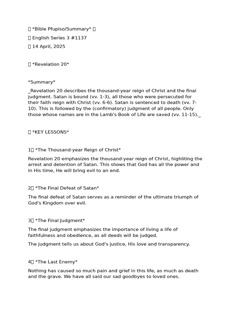 Revelation 20 Summary: Christ's Reign & Judgment | PDF