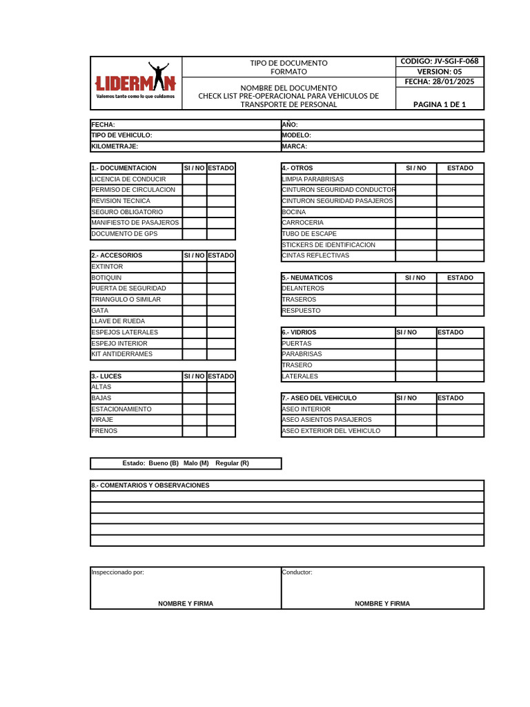Checklist Pre-Operacional Vehículos Transporte | PDF | Fabricantes de ...