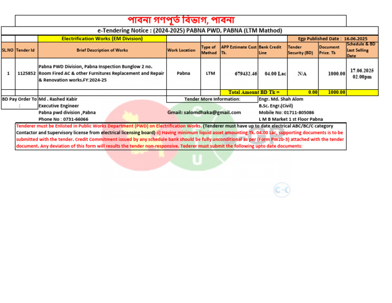 Pabna PWD em Division LTM 01 Nos Notice Last Date 17.06.2025 | PDF