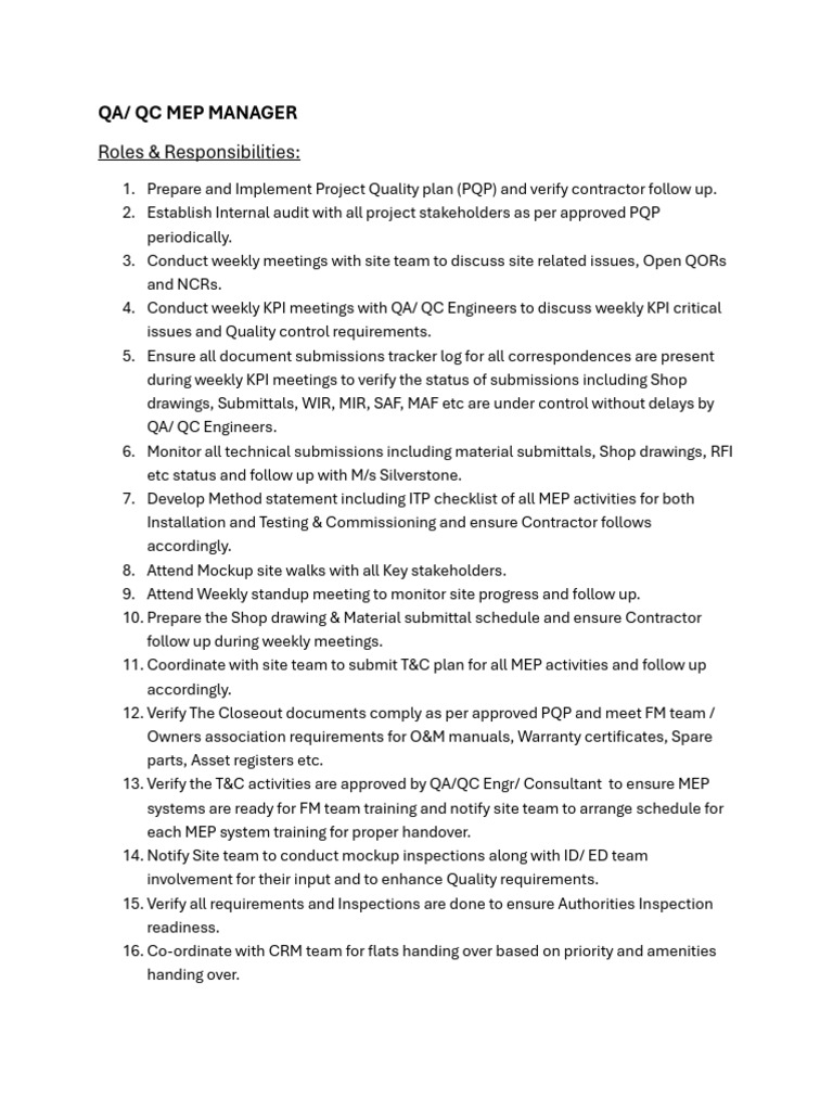 QAQC MEP Manager Roles and Responsibilities | PDF