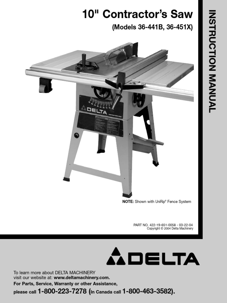 Delta 10" Contractor Saw Manual | PDF | Electrical Connector | Belt ...