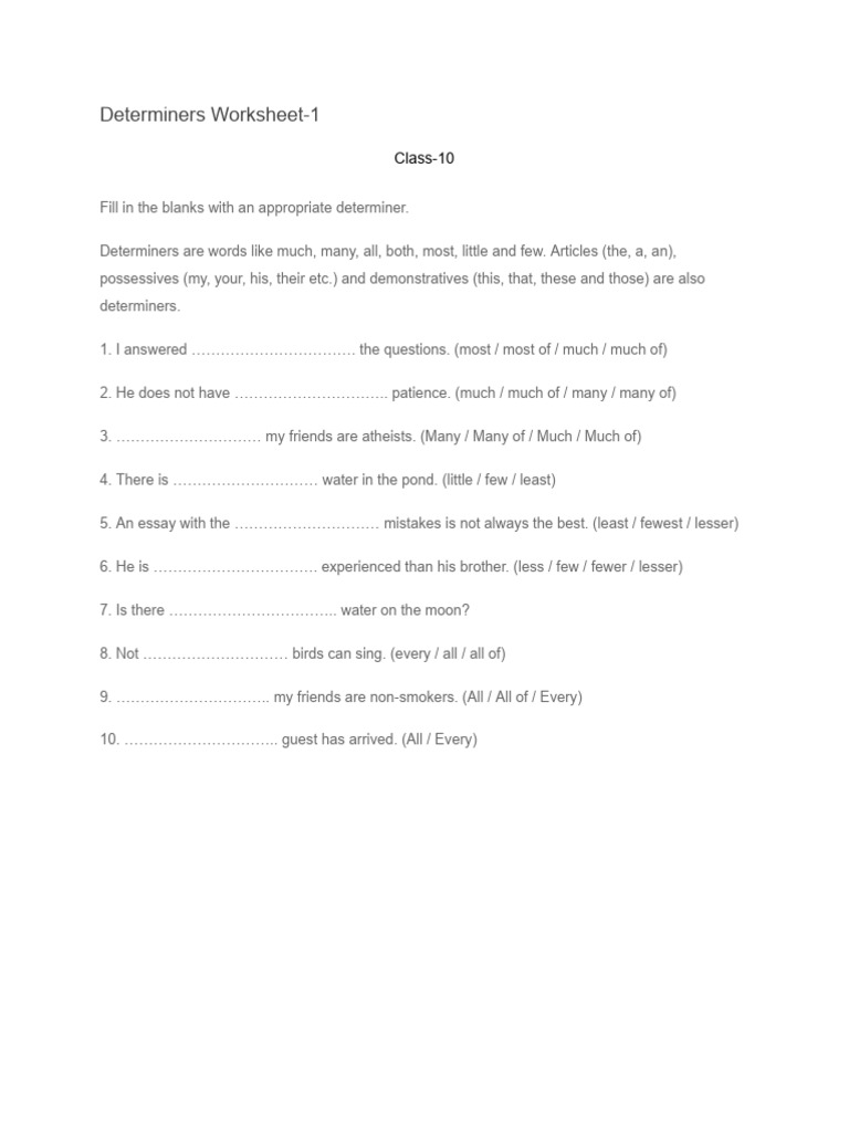 Worksheet 1 (Determiners) | PDF