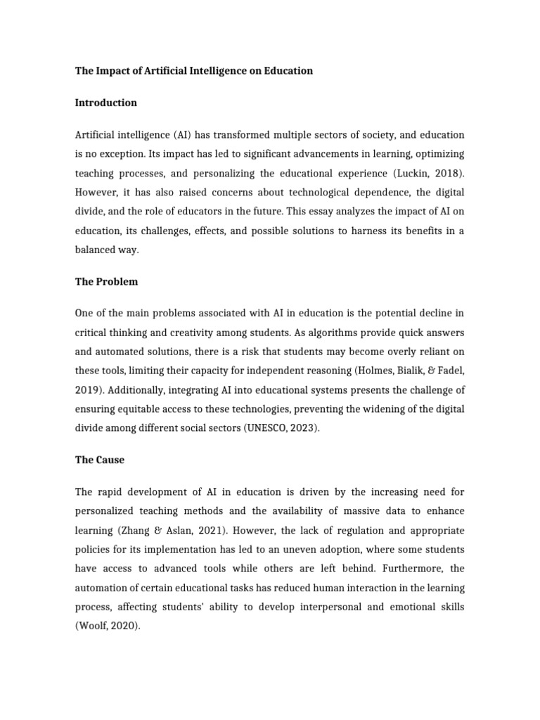 The Impact of Artificial Intelligence On Education - Essay | PDF ...