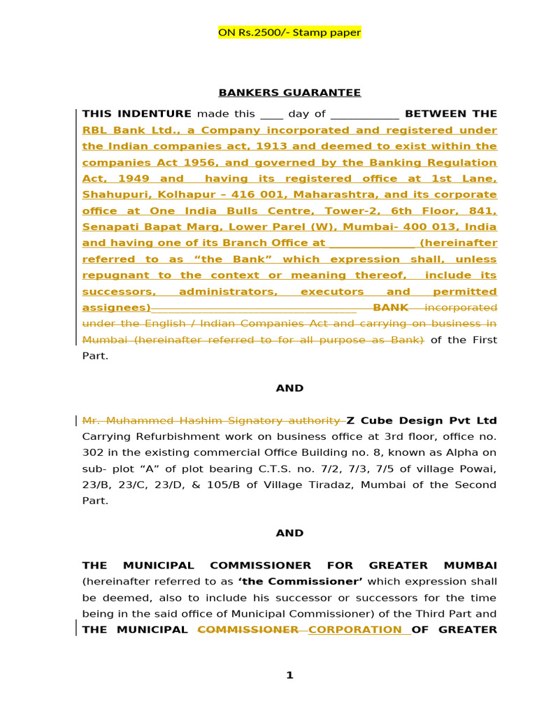 ON Rs.2500/-Stamp Paper: Bankers Guarantee This Indenture Between The ...