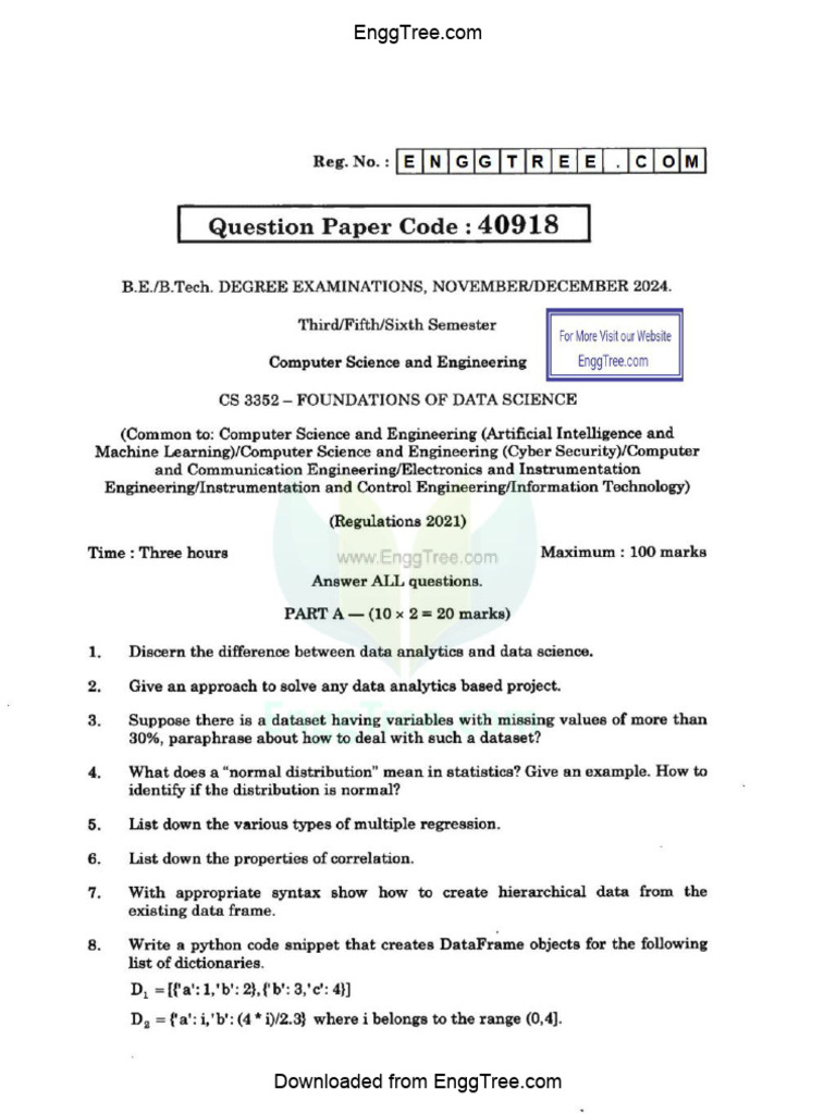CS3352 Foundations of Data Science Nov Dec 2024 Question Paper Download ...