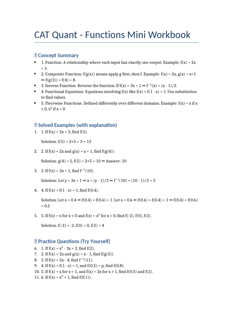 CAT Functions Workbook With GIF and Tricks | PDF | Function ...