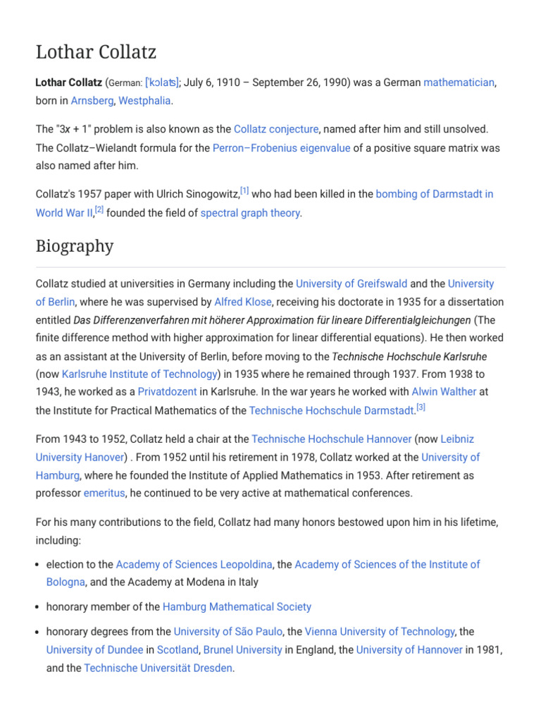 Lothar Collatz - Wikipedia | PDF | Mathematics | Algebra