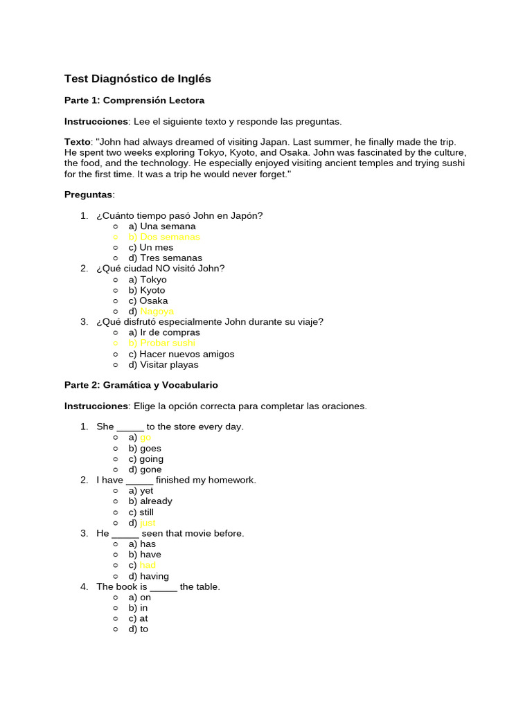 Test Diagnóstico de Inglés | PDF