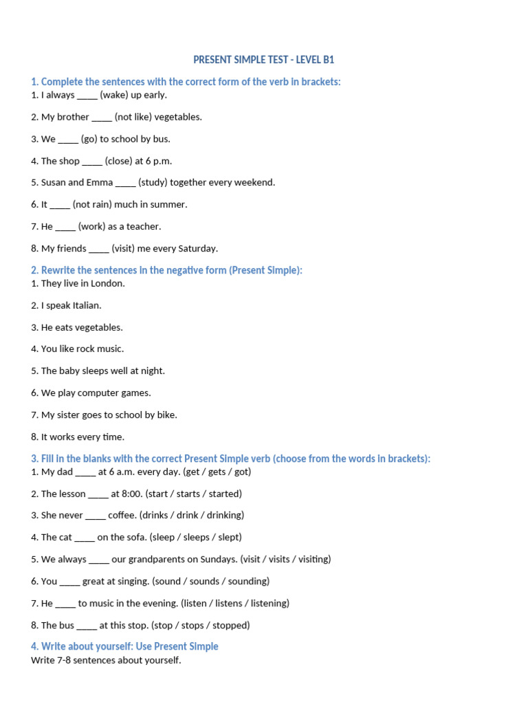Present Simple B1 Test 2 | PDF