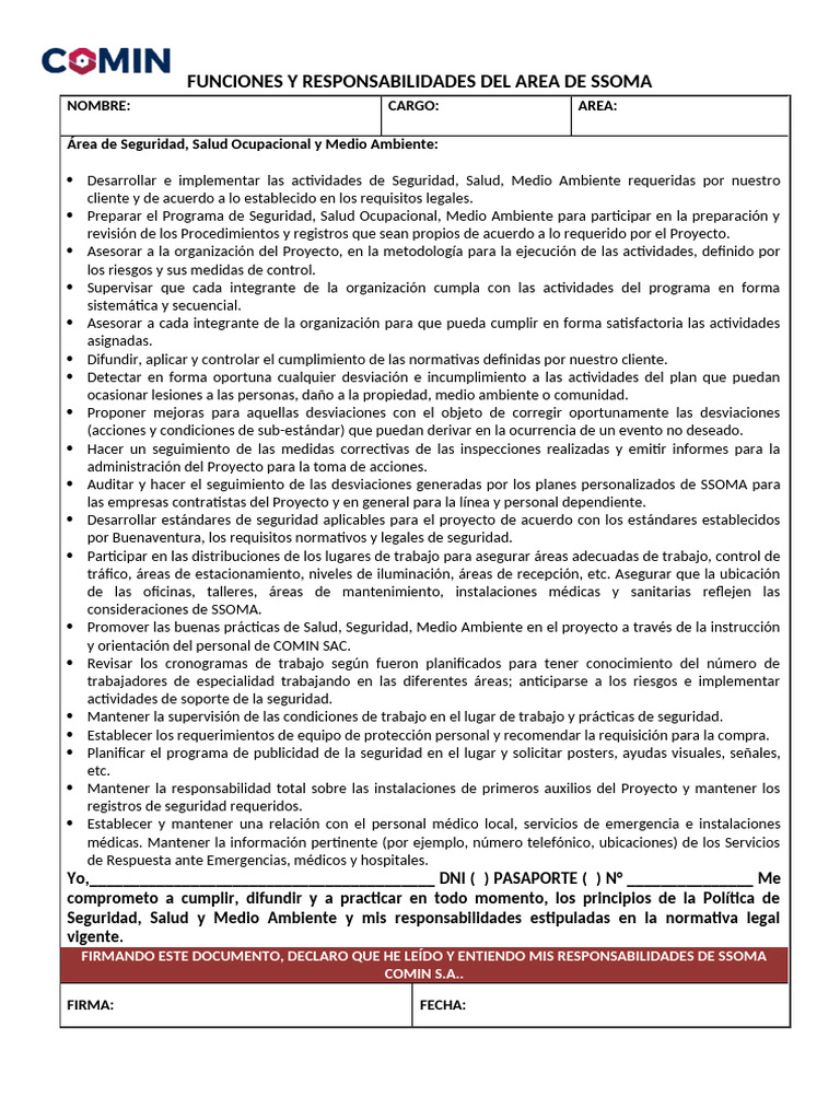 Funciones y Responsabilidades - Personal SSOMA | PDF | Seguridad y salud ocupacional | Valores