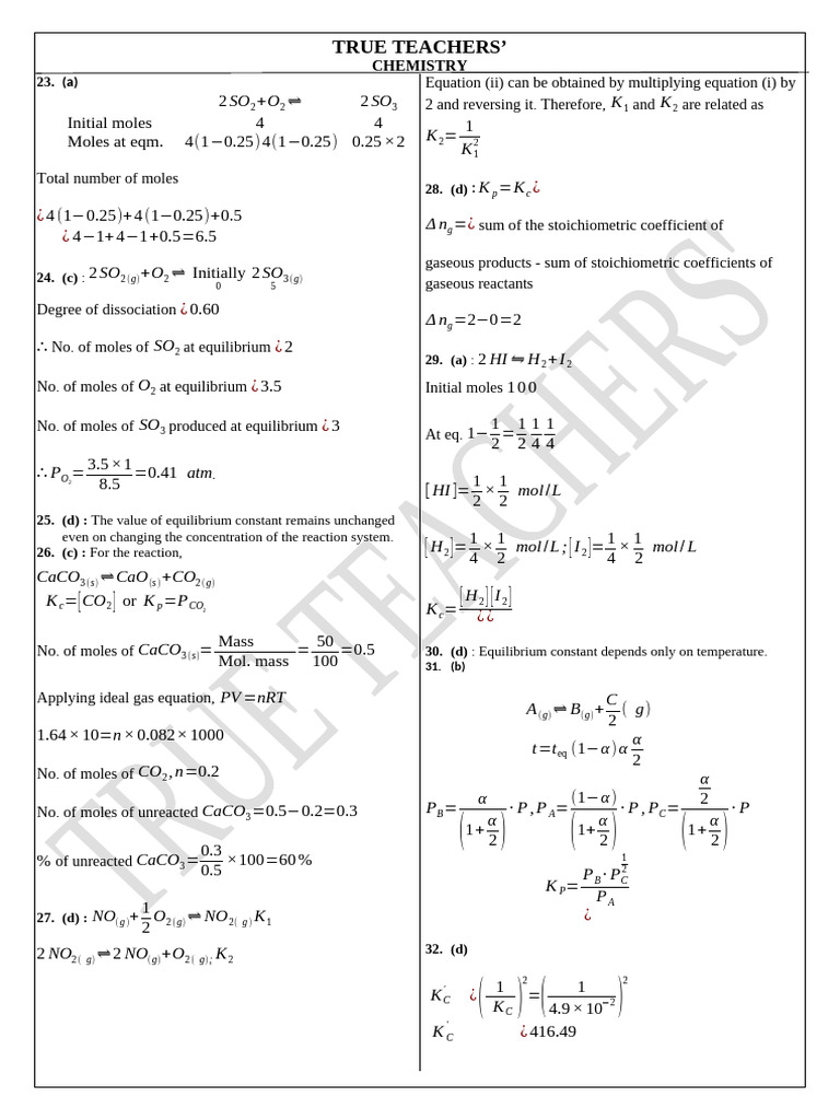 TEST 01 June (B1 & B2) Answers | PDF | Chemical Equilibrium | Physical ...