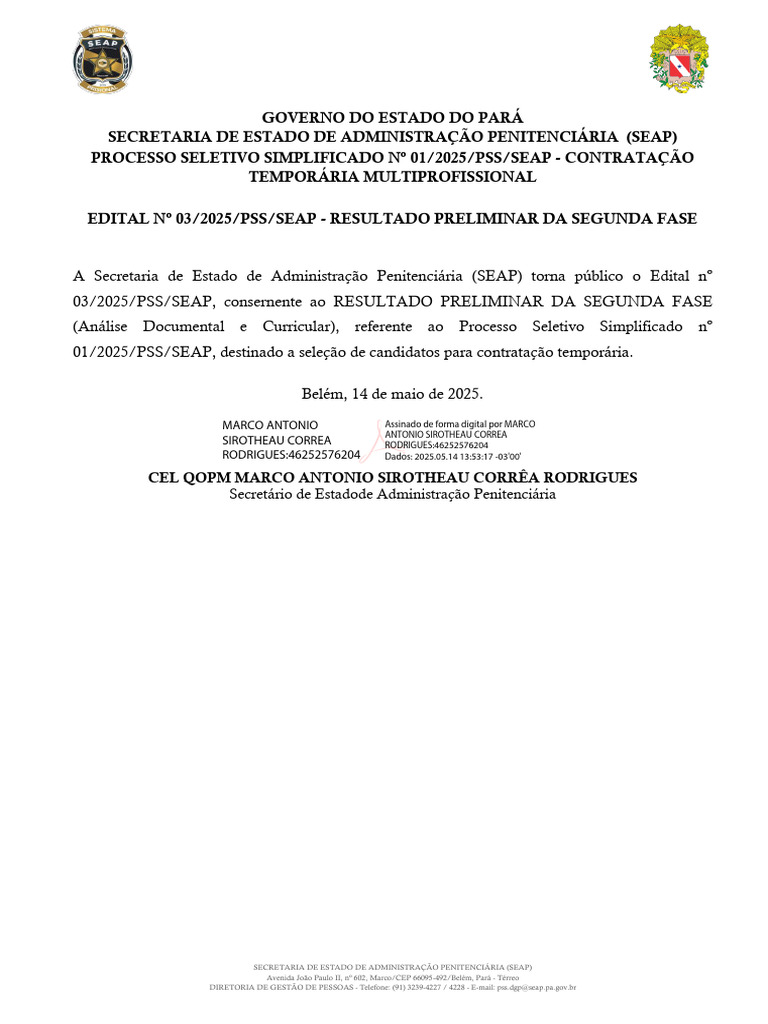 Pss N 01 2025 Pss Seap Edital N 03 2025 Pss Seap Resultado Preliminar 2 Fase 1747265879 | PDF