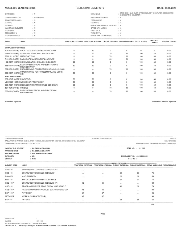 BTech CSE Semester-I Exam Results 2024-25 | PDF | Science | Computer ...