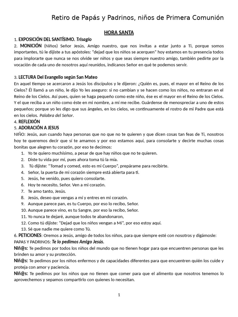 Retiro Para Papás Y Padrinos De Comunión Pdf Padrino Eucaristía