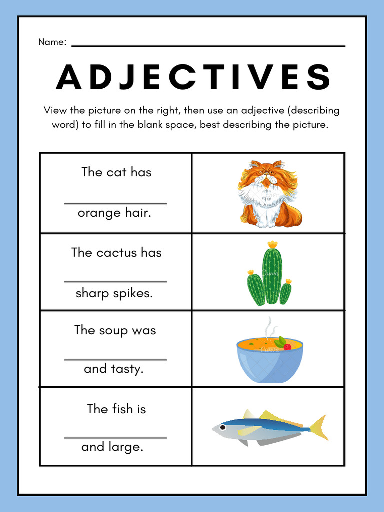 Grade 1 Adjectives Worksheet in Blue Clean Style | PDF