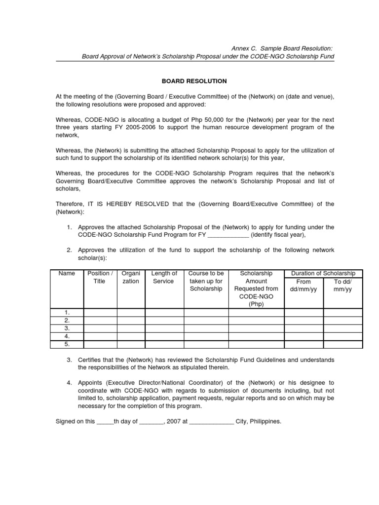 Board Resolution for CODE-NGO Scholarship | PDF | Government