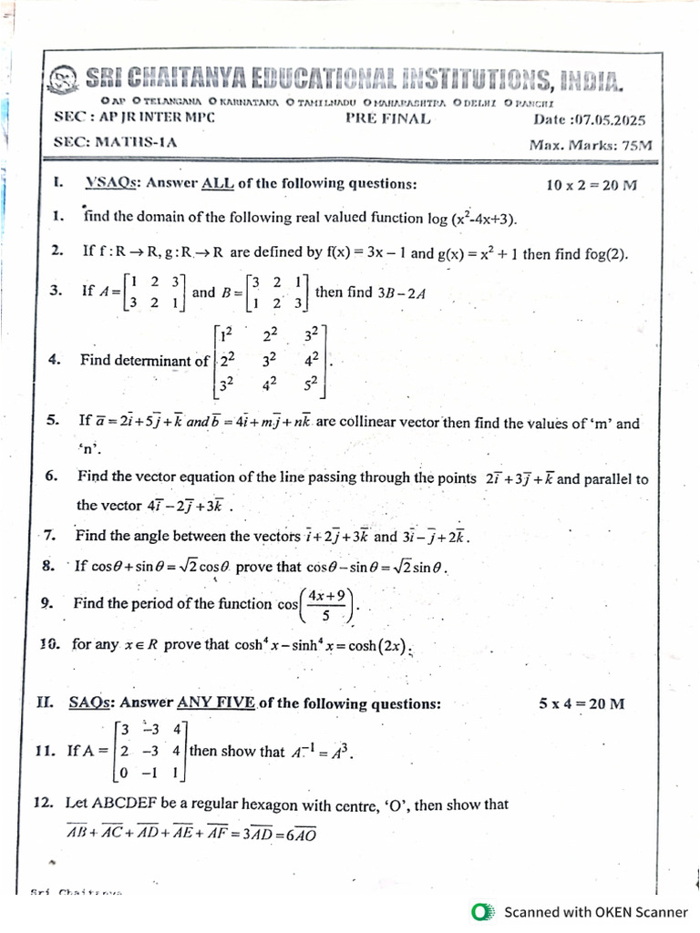Pre-Final Maths 1A Paper | PDF