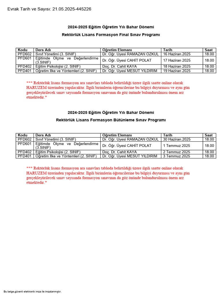 2024-2025 Yili Bahar Donemi Formasyon Final Ve Butunleme Sinav Programi | PDF