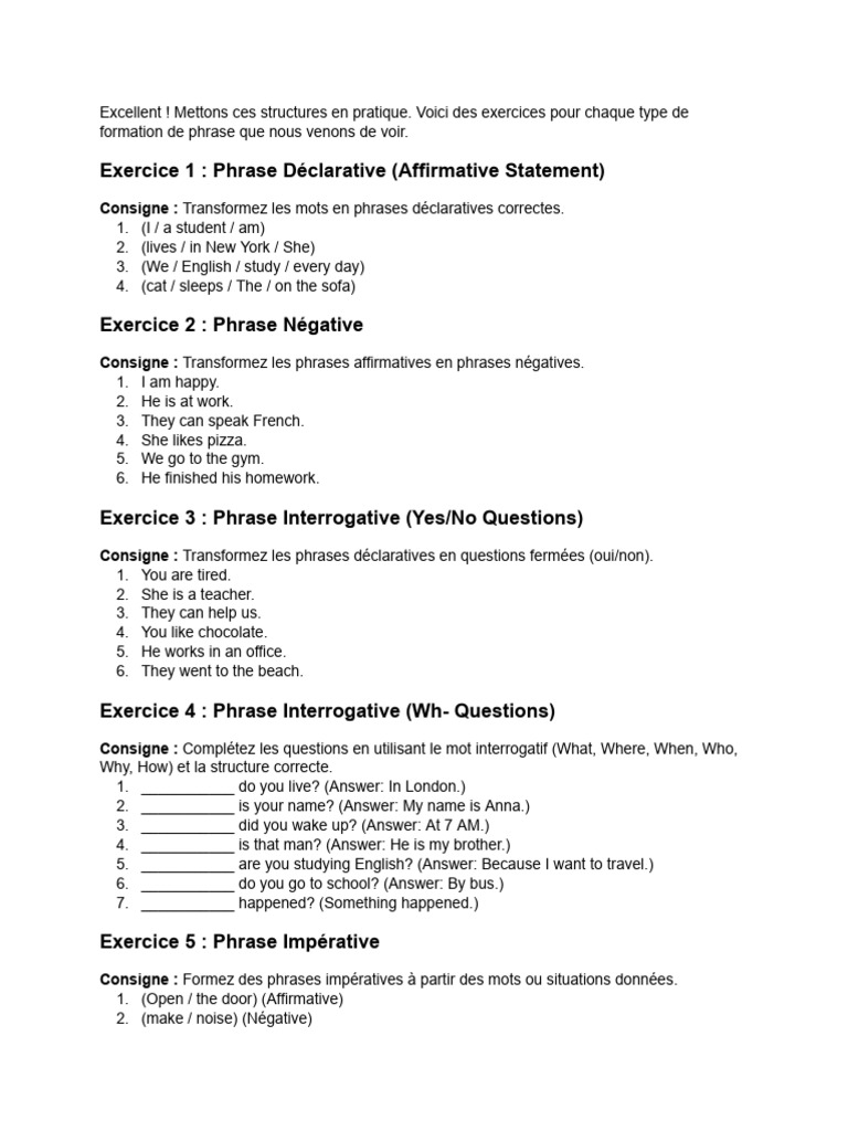 Exercices de Formation de Phrases | PDF | Semantics | Linguistics