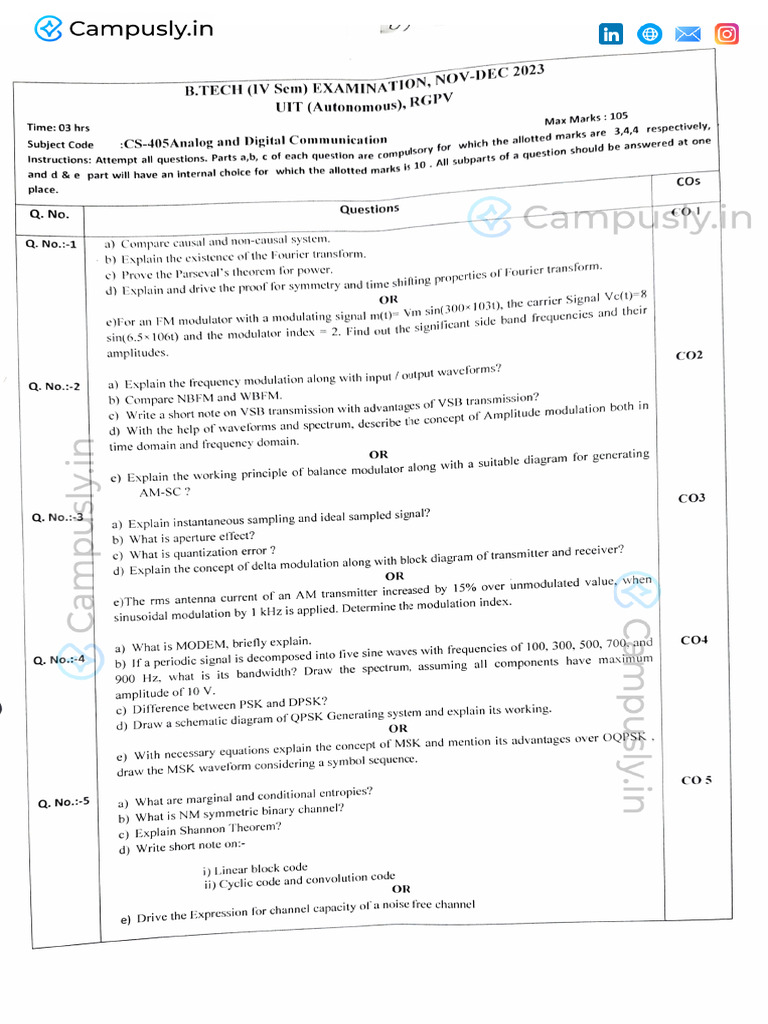Analog and Digital Communication Back-Campusly PYQs | PDF | Modulation | Electronic Engineering