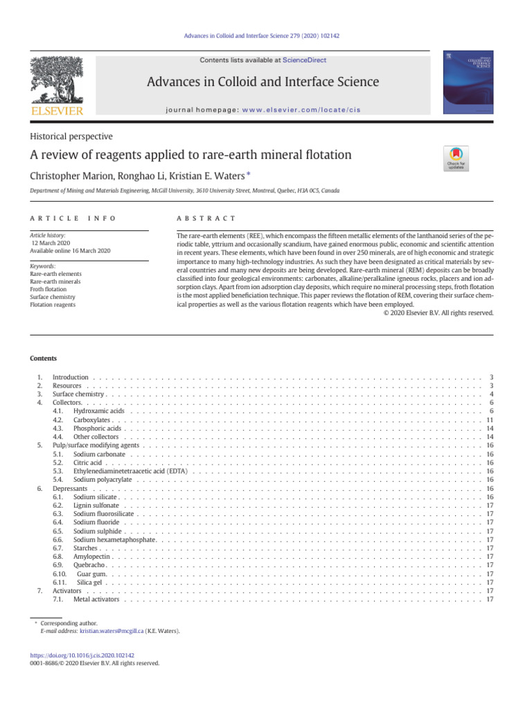 A Review of Reagents Applied to Rare-earth Mineral Flotation | PDF | Adsorption | Physical Sciences