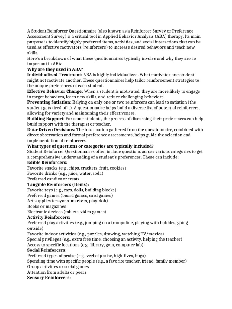 A Student Reinforcer Questionnaire - Guide | PDF | Reinforcement ...