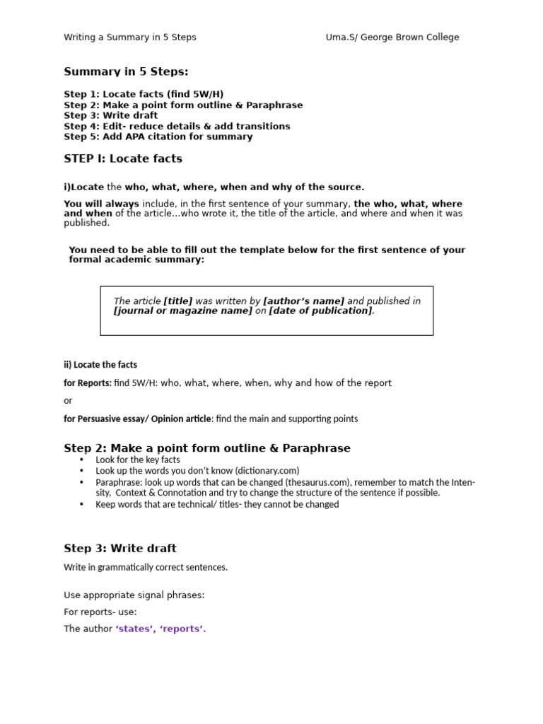 Writing A Summary in 5 Steps WRD | PDF | Grammar | Human Communication