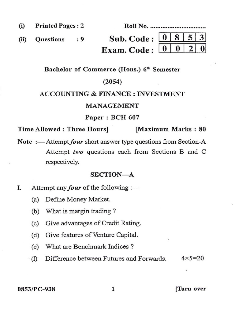 BCom - Hons - 6th Sem - BCH-607 - Accounting & Finance Investment ...